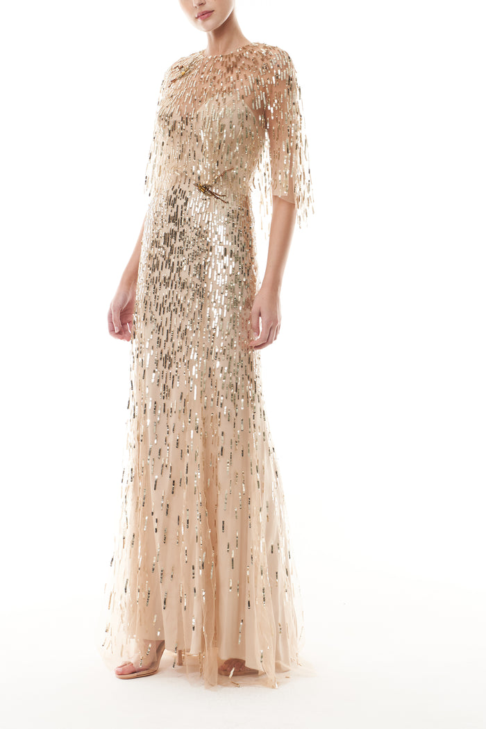 Gold Embroidered Gown With Capelet – Monique Lhuillier